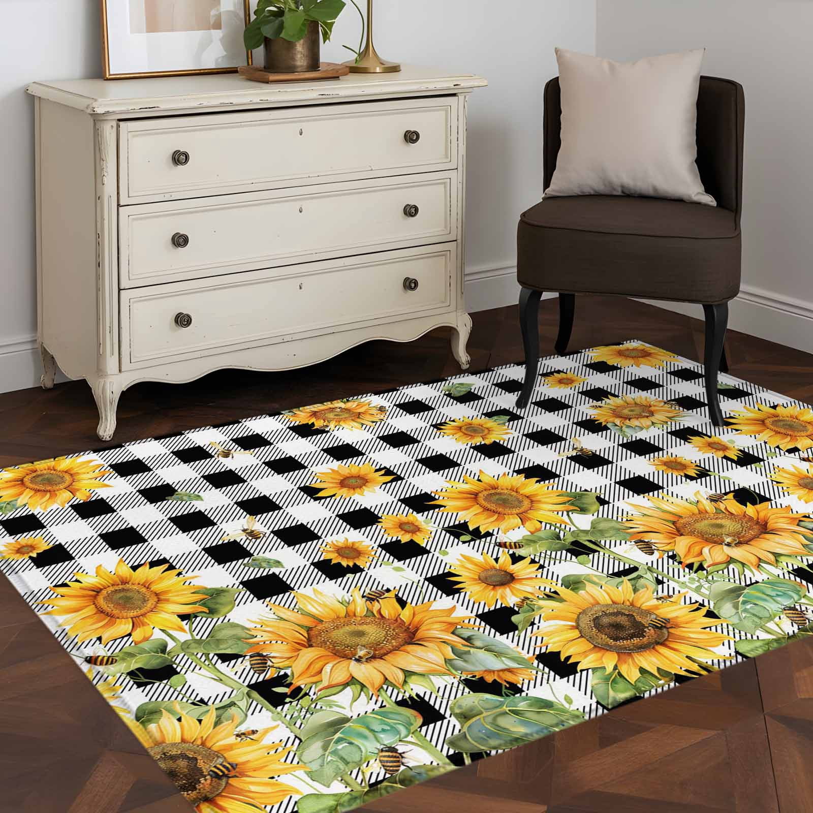Area Rug 48×72in, Farm Sunflower Green Leaf Plant Floor Carpet Living ...