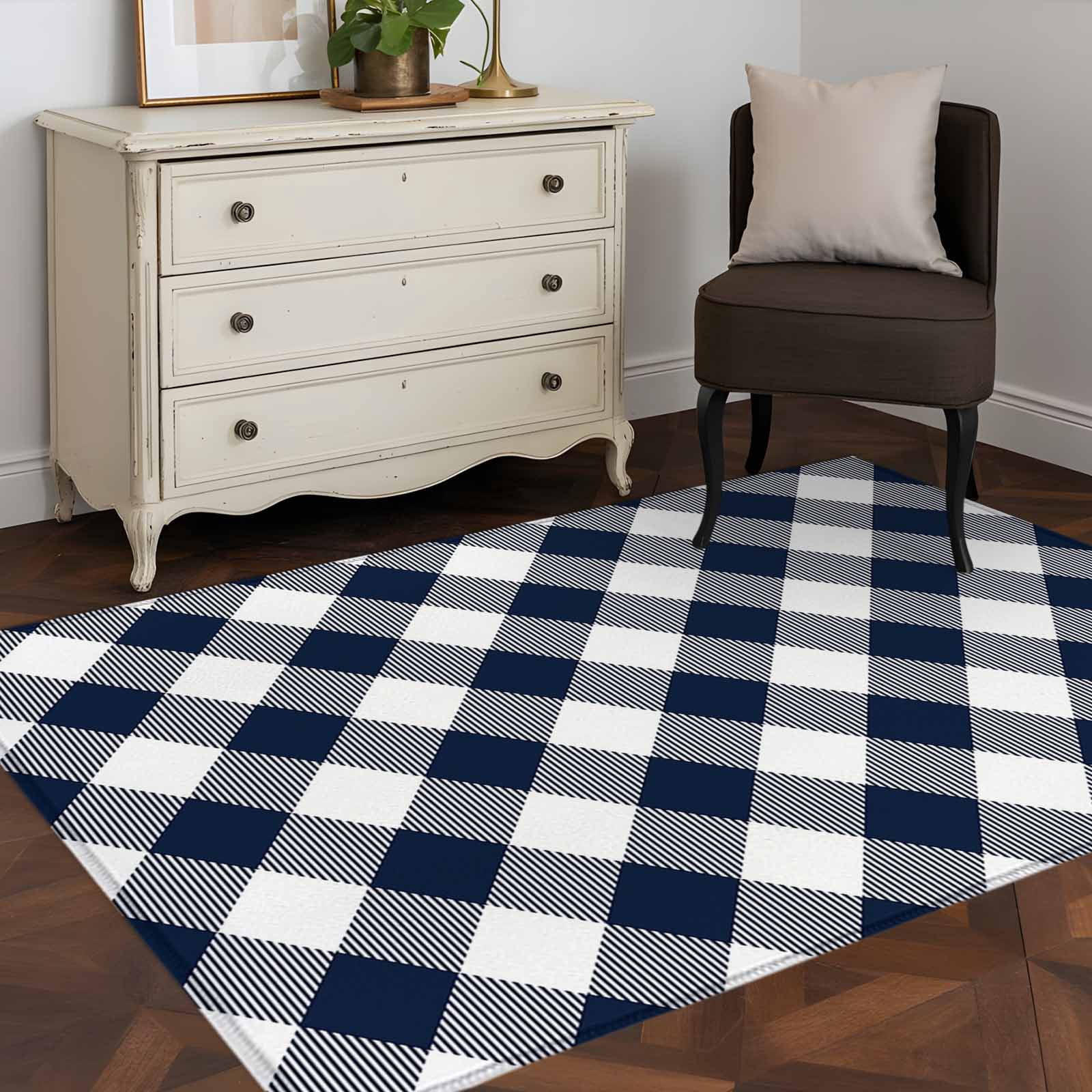 Area Rug 48×72in, Farmhouse Dark Blue Checker Floor Carpet Living Room ...