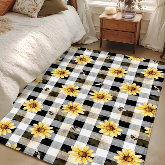 Area Rug 48×72in, Farmhouse Yellow Daisy Flower Bee Floor Carpet Living ...