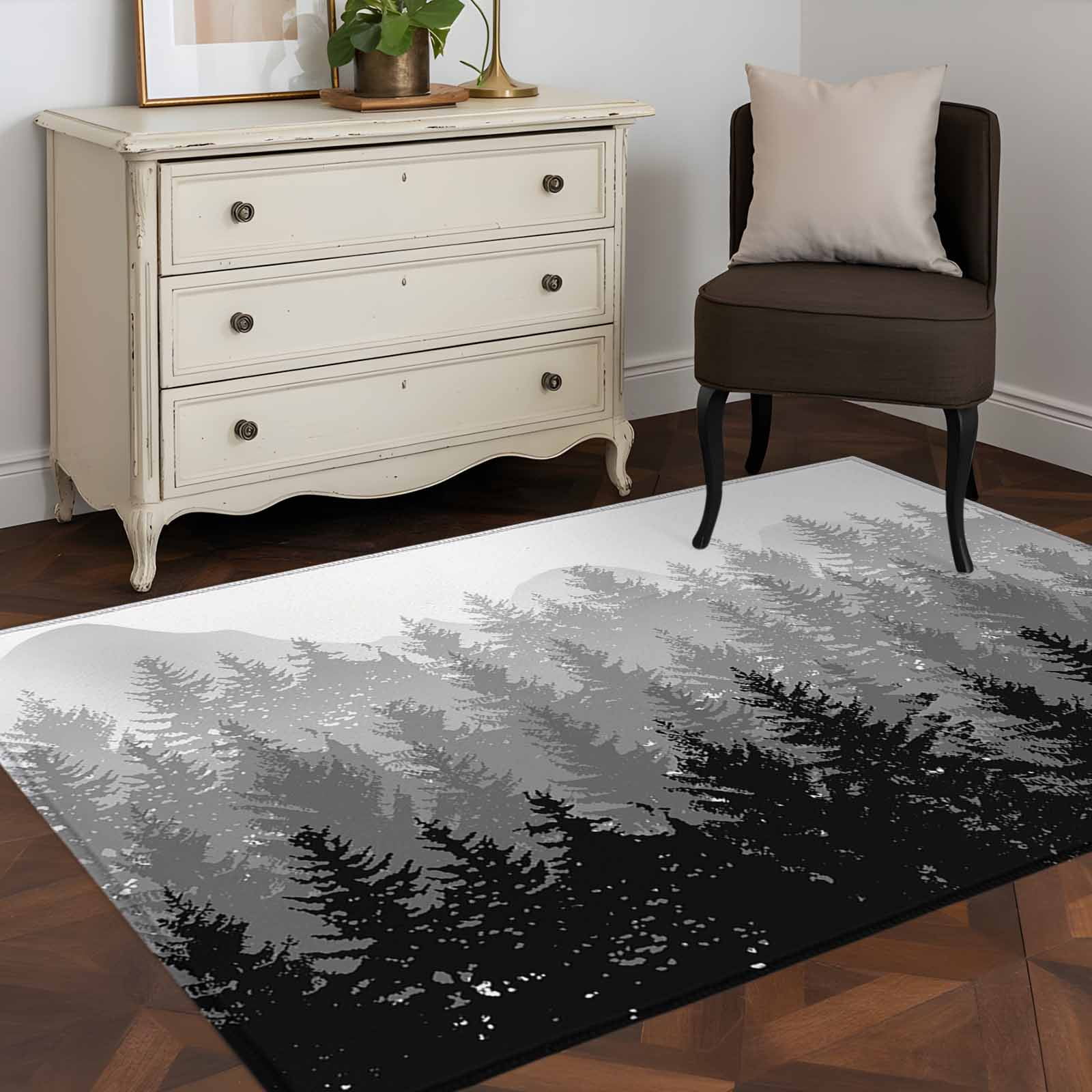 Area Rug 48×72in, Foggy Forest Gradient Black Shadow Floor Carpet ...