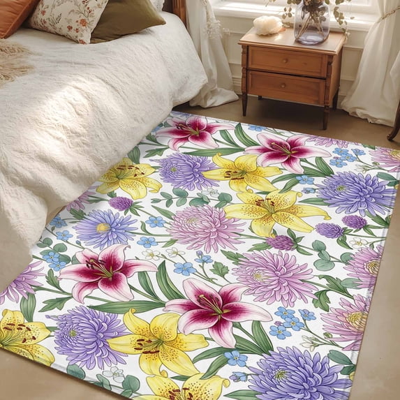 Area Rug 48×72in, Garden Spring Lily Chrysanthemum Floor Carpet Living ...