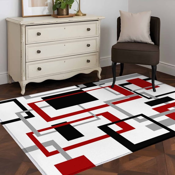 Area Rug 48×72in, Geometric Red Grey Black Square Floor Carpet Living ...