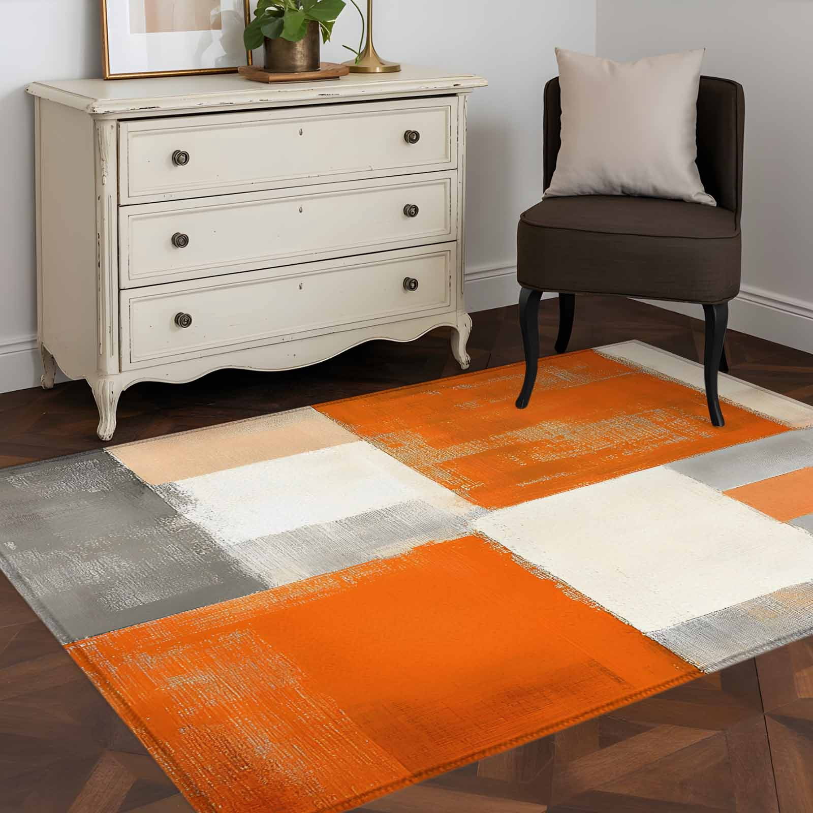 Area Rug 48×72in, Gray Orange Color Block Floor Carpet Living Room Rug ...