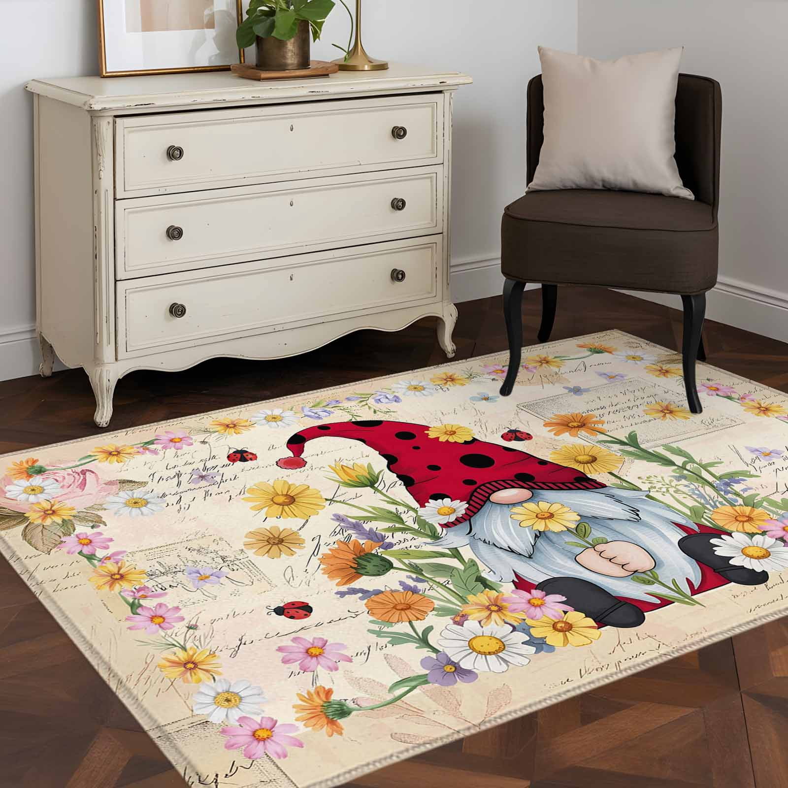 Area Rug 48×72in, Ladybug Dwarf Daisy Flower Watercolor Floor Carpet ...