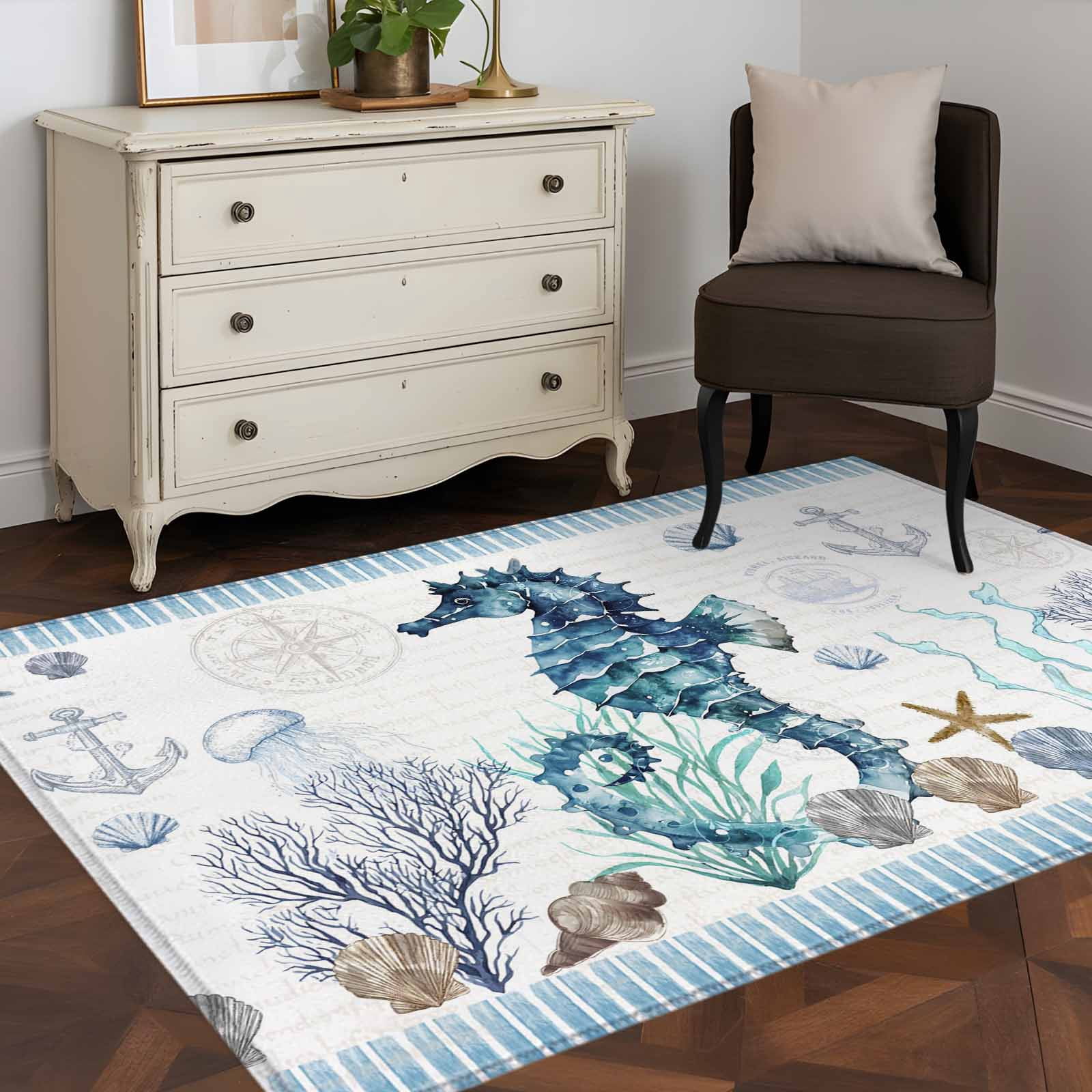 Area Rug 48×72in, Marine Seahorse Starfish Coral Shell Floor Carpet ...