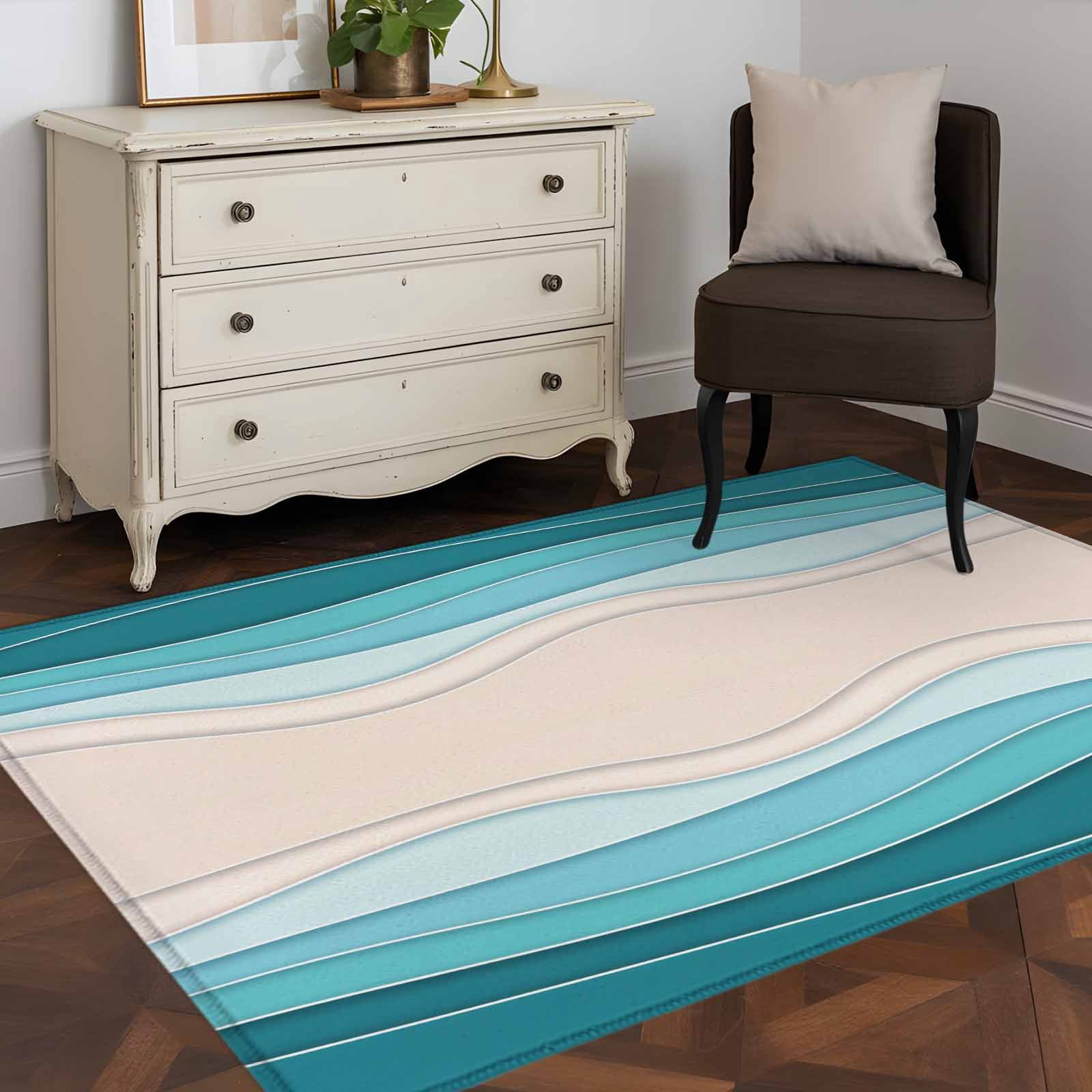Area Rug 48×72in, Modern Blue Beige Stripe Floor Carpet Living Room Rug ...