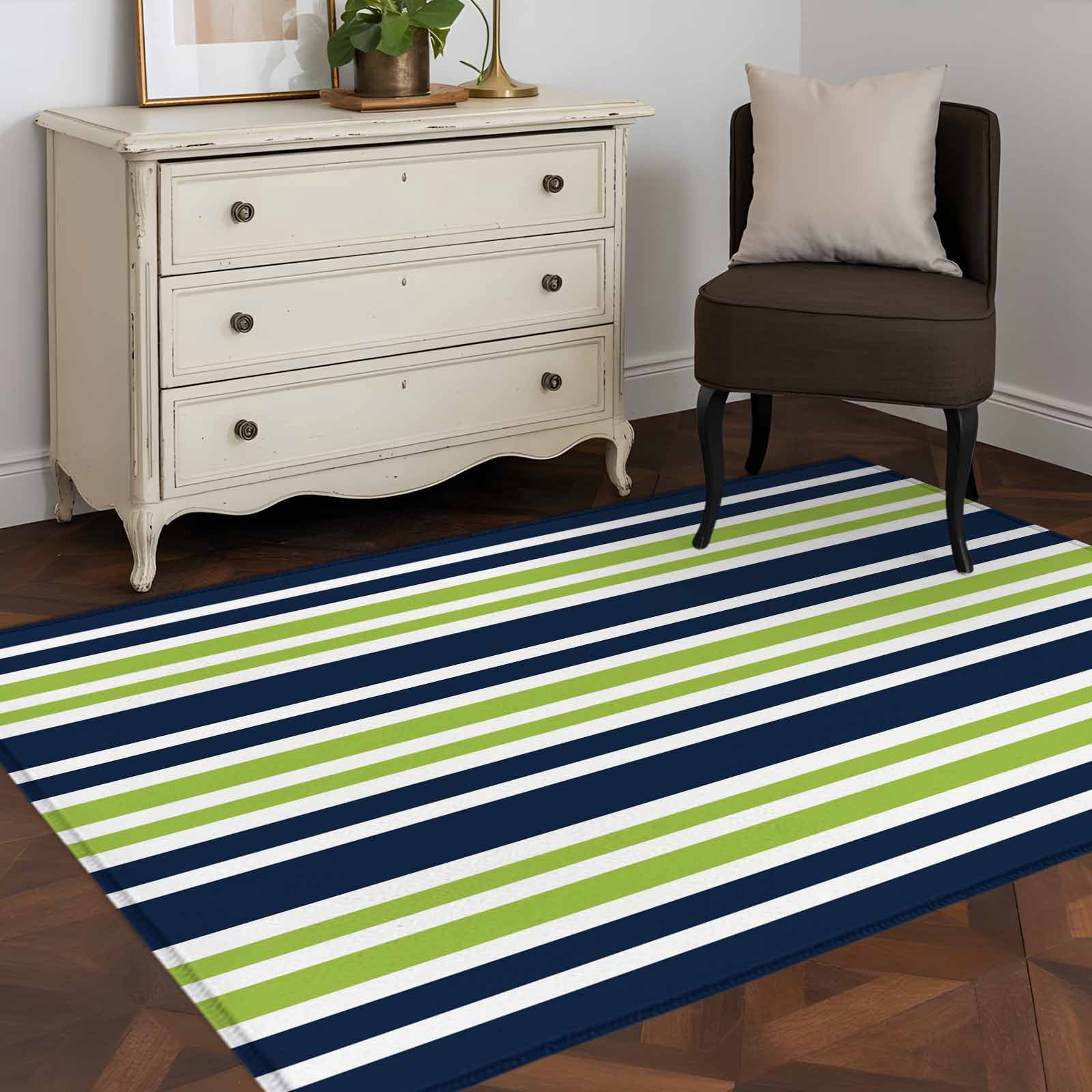 Area Rug 48×72in, Navy Blue Green Stripe Floor Carpet Living Room Rug ...