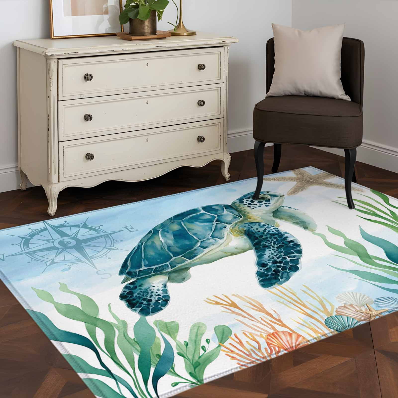 Area Rug 48×72in, Ocean Marine Life Turtle Nautical Compass Floor ...