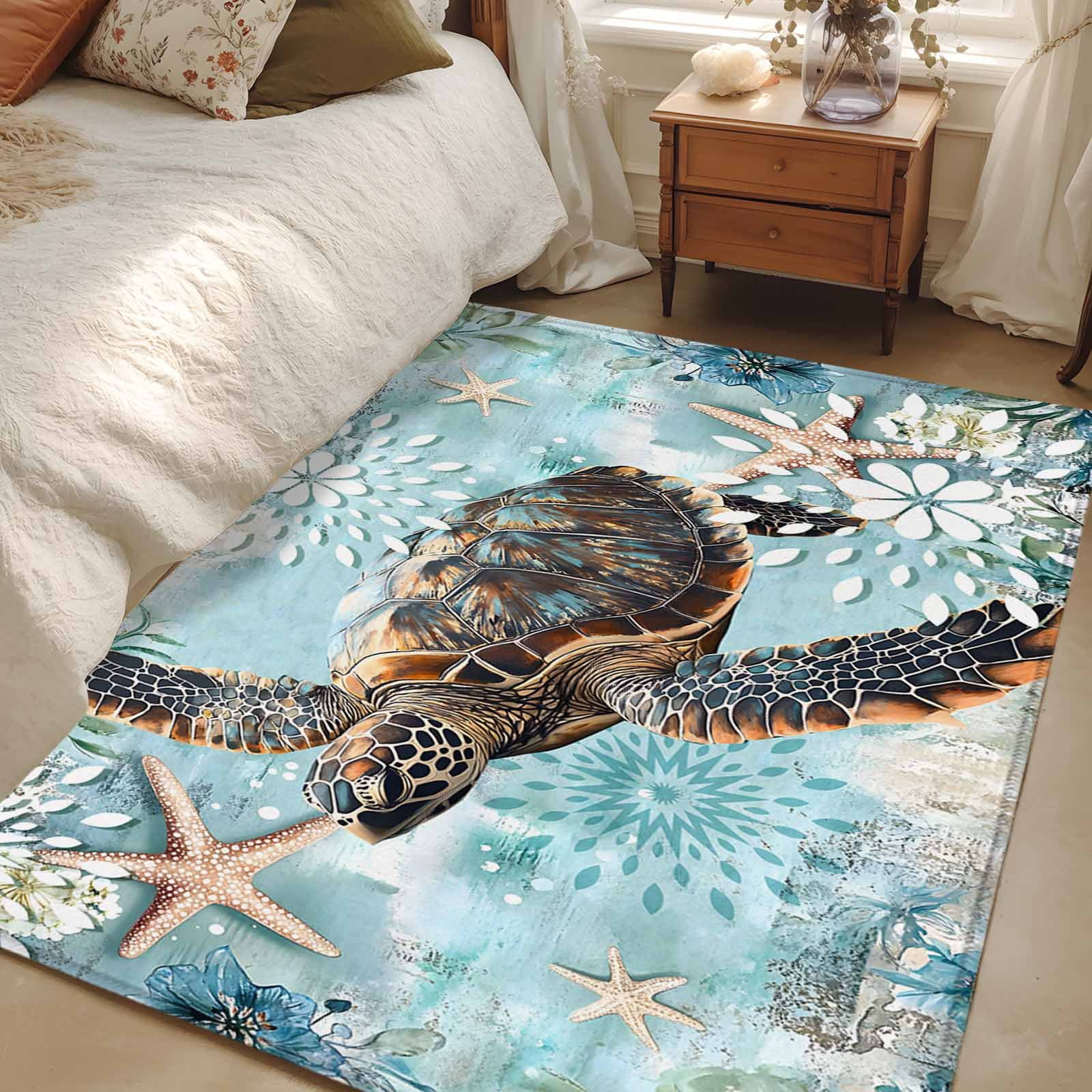 Area Rug 48×72in, Ocean Nautical Sea Turtle Starfish Seaweed Floor ...