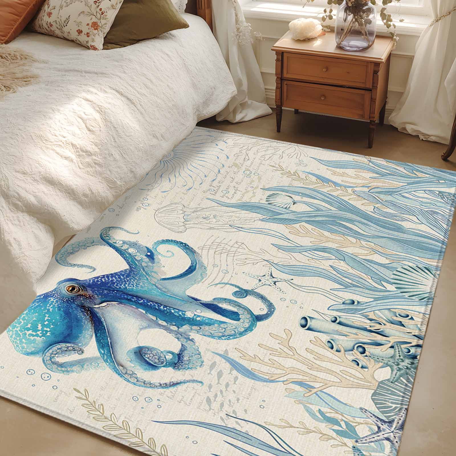 Area Rug 48×72in, Ocean Octopus Jellyfish Coral Floor Carpet Living ...