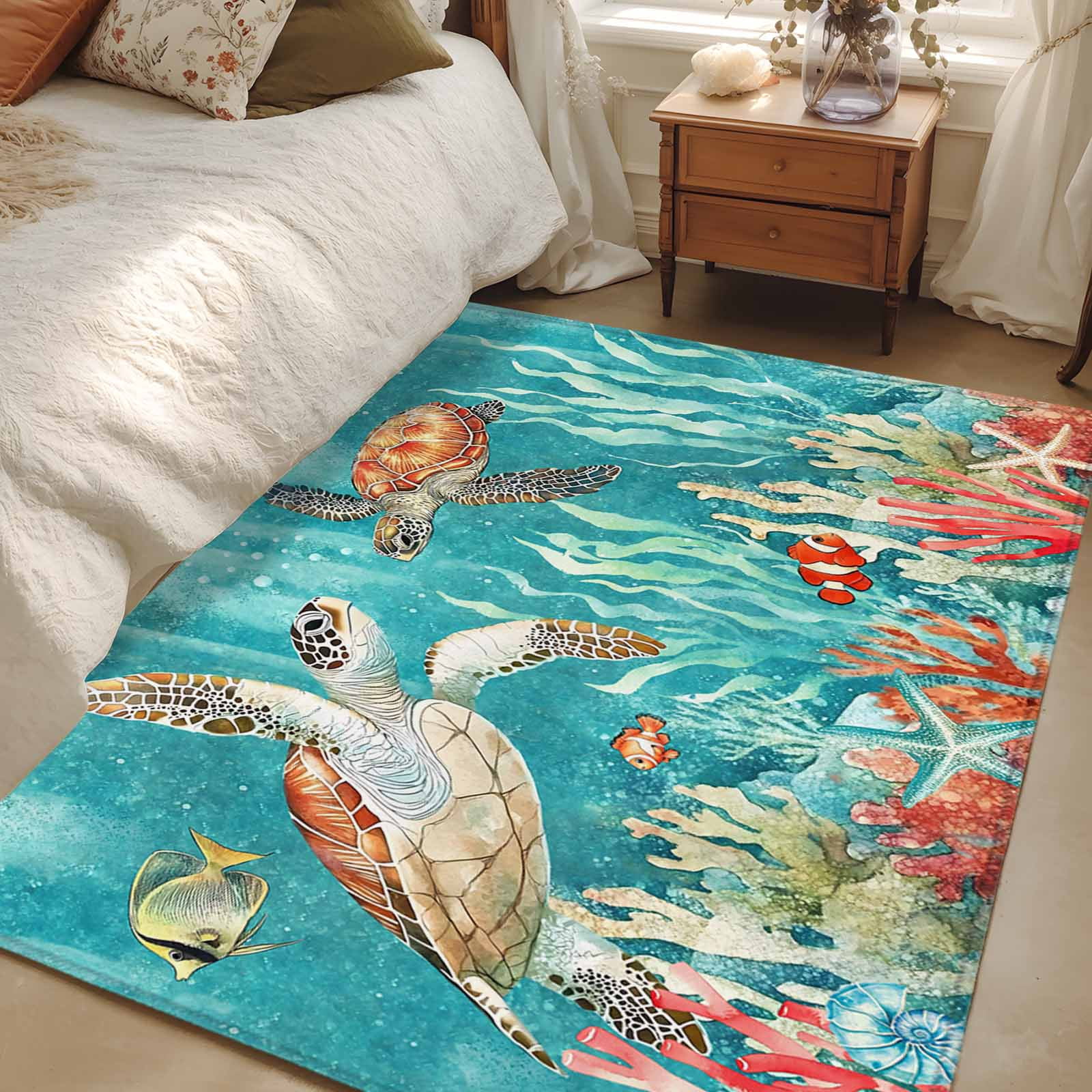 Area Rug 48×72in, Ocean Turtle Fish Colorful Coral Floor Carpet Living ...