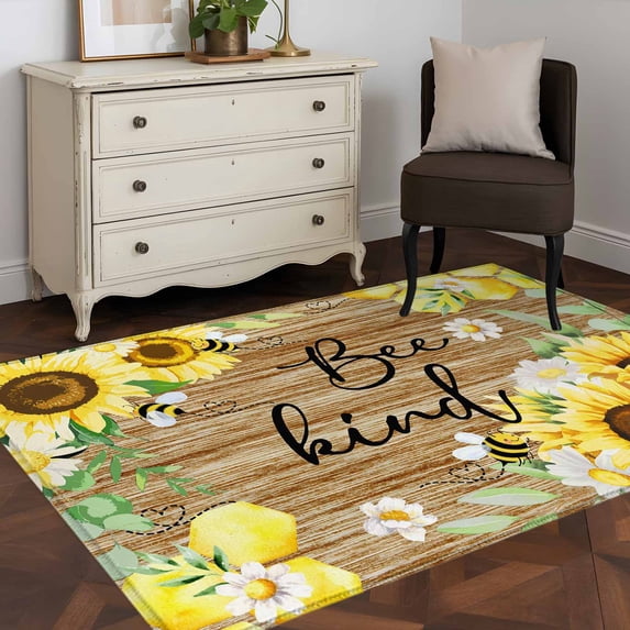 Area Rug 48×72in, Pastoral White Yellow Flower Bee Floor Carpet Living ...