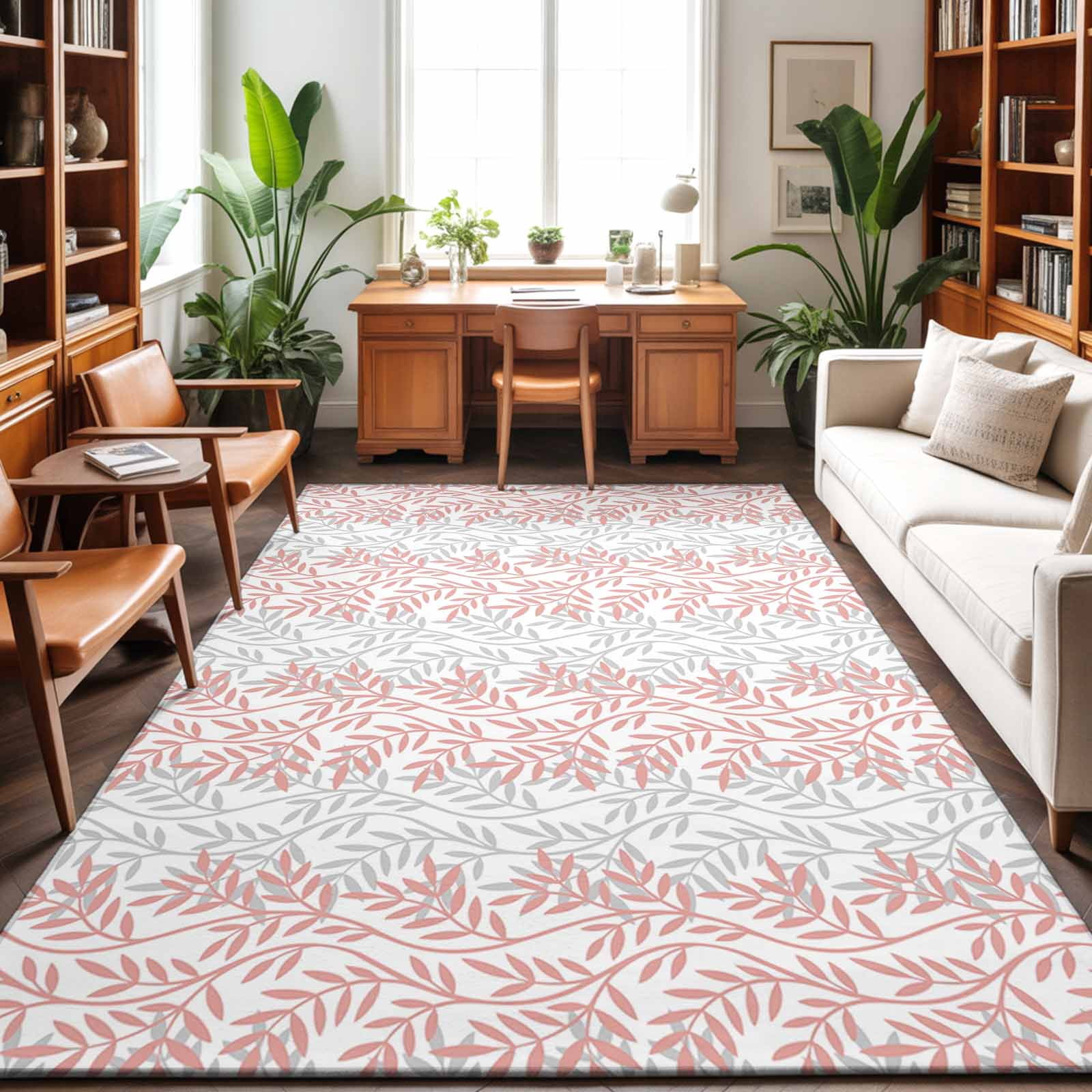 Area Rug 48×72in, Pink Gray Leaves Seamless Floor Carpet Living Room ...