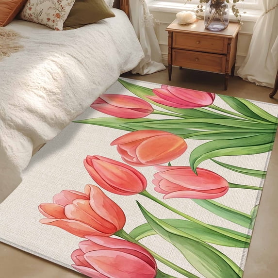 Area Rug 48×72in, Pink Tulips Spring Pastoral Floral Floor Carpet ...