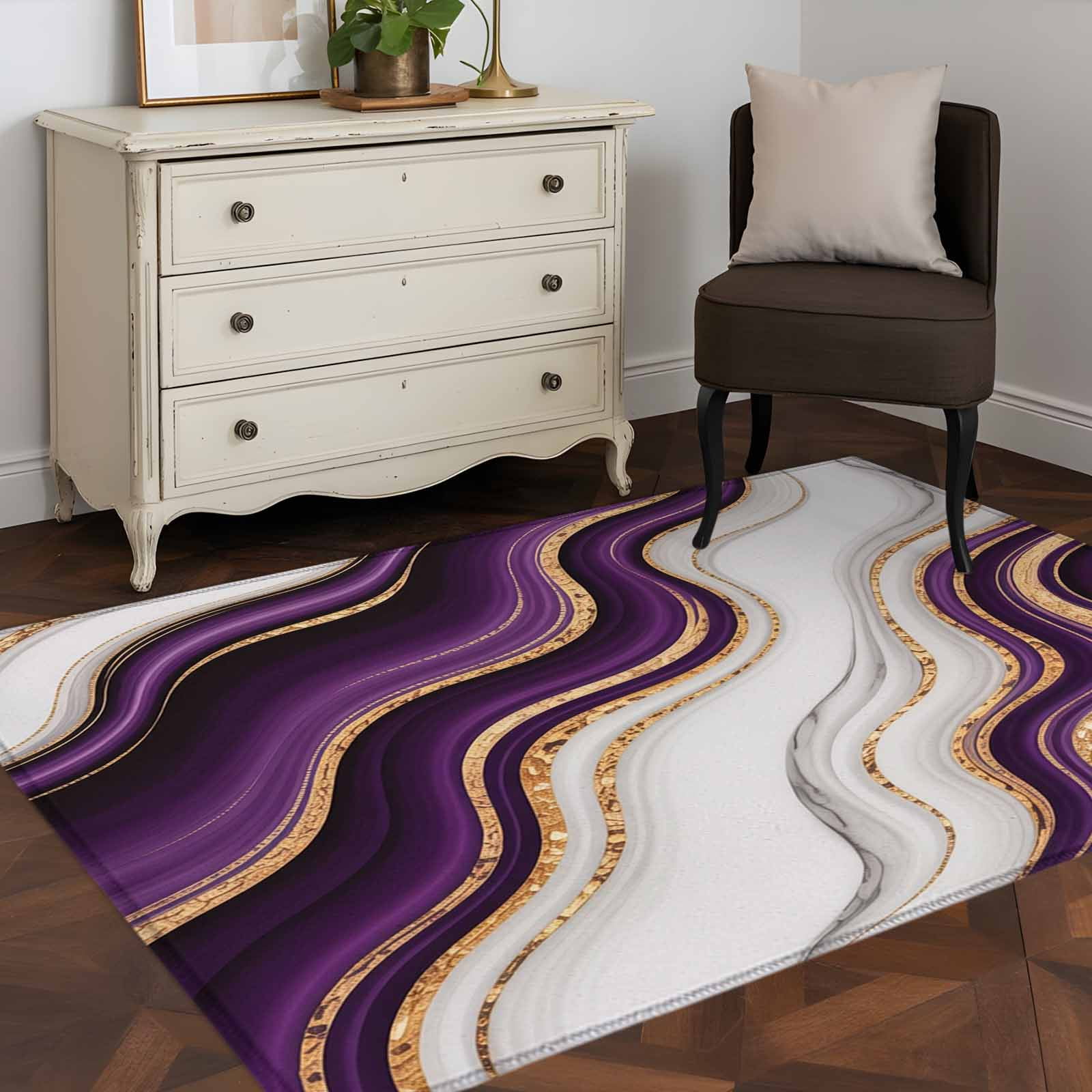 Area Rug 48×72in, Purple Marble Gold Inlay Floor Carpet Living Room Rug ...