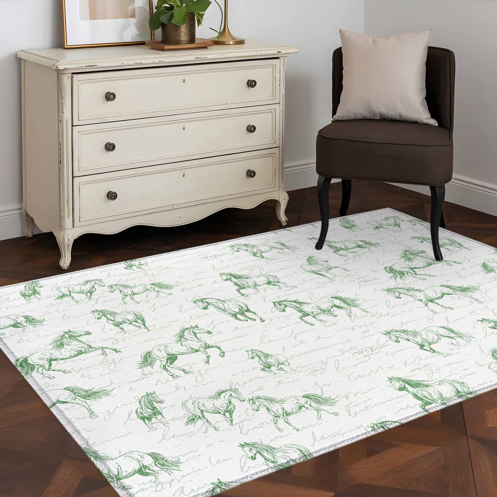 Area Rug 48×72in, Retro Green Horse Animal on White Floor Carpet Living ...