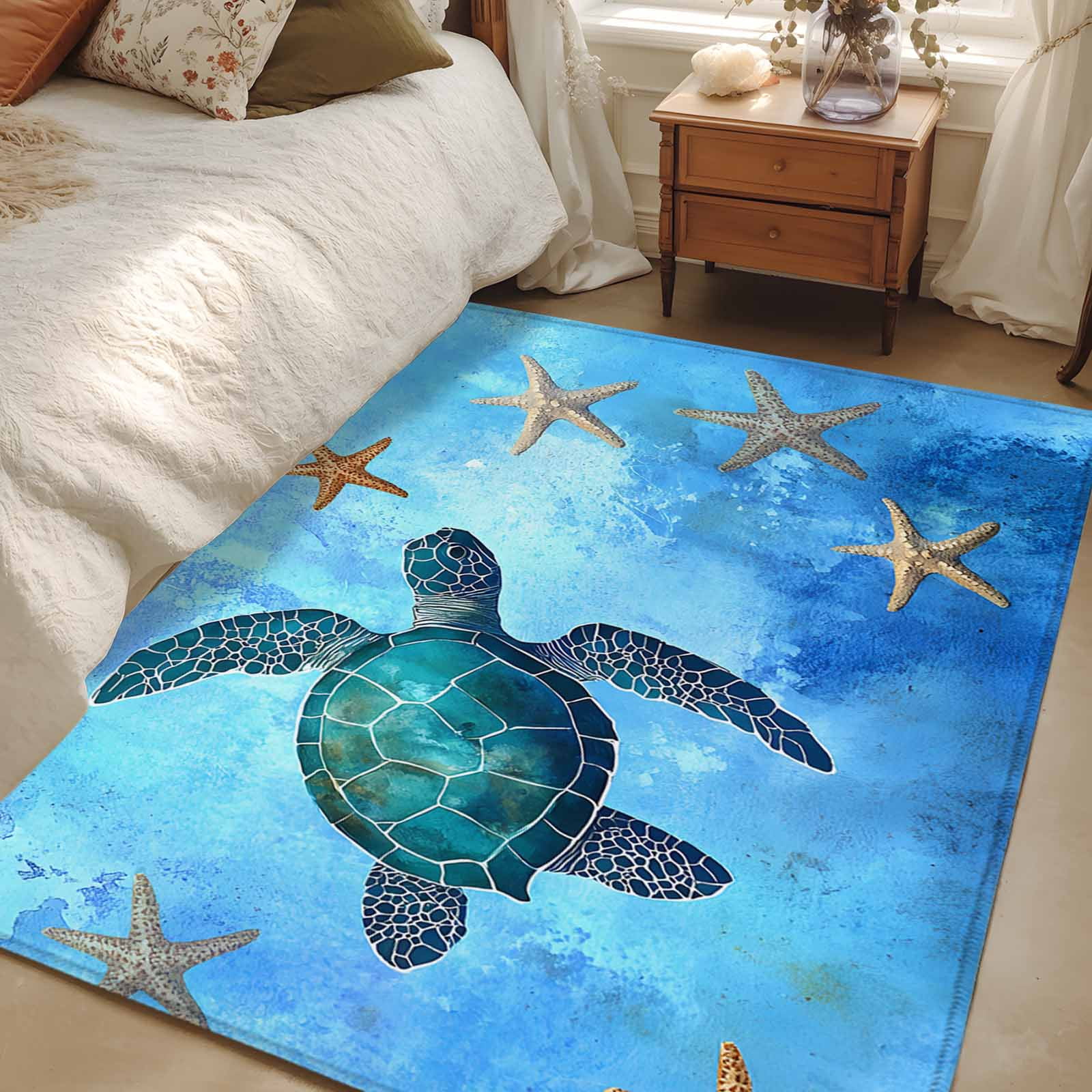 Area Rug 48×72in, Retro Ocean Sea Turtle Starfish on Blue Floor Carpet ...