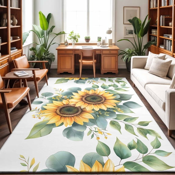 Area Rug 48×72in, Retro Sunflower Watercolor Leaf Floor Carpet Living ...