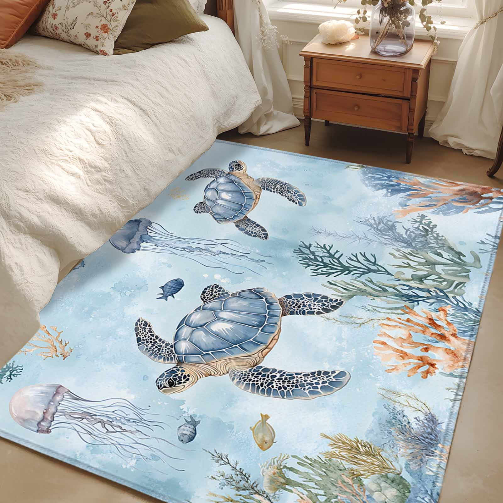 Area Rug 48×72in, Sea Turtle Blue Ocean Coral Seaweed Floor Carpet ...