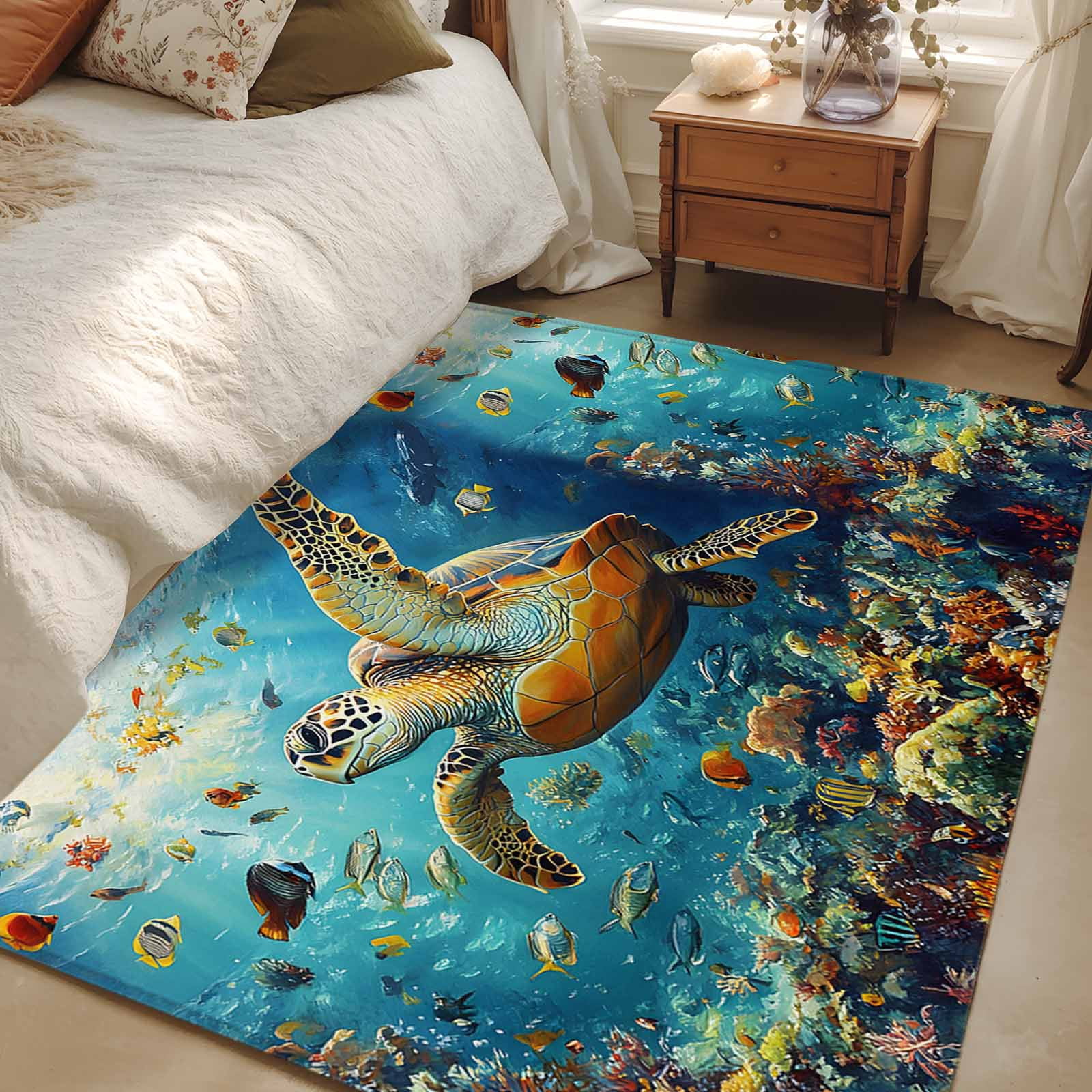 Area Rug 48×72in, Sea Turtle Blue Ocean Floor Carpet Living Room Rug ...