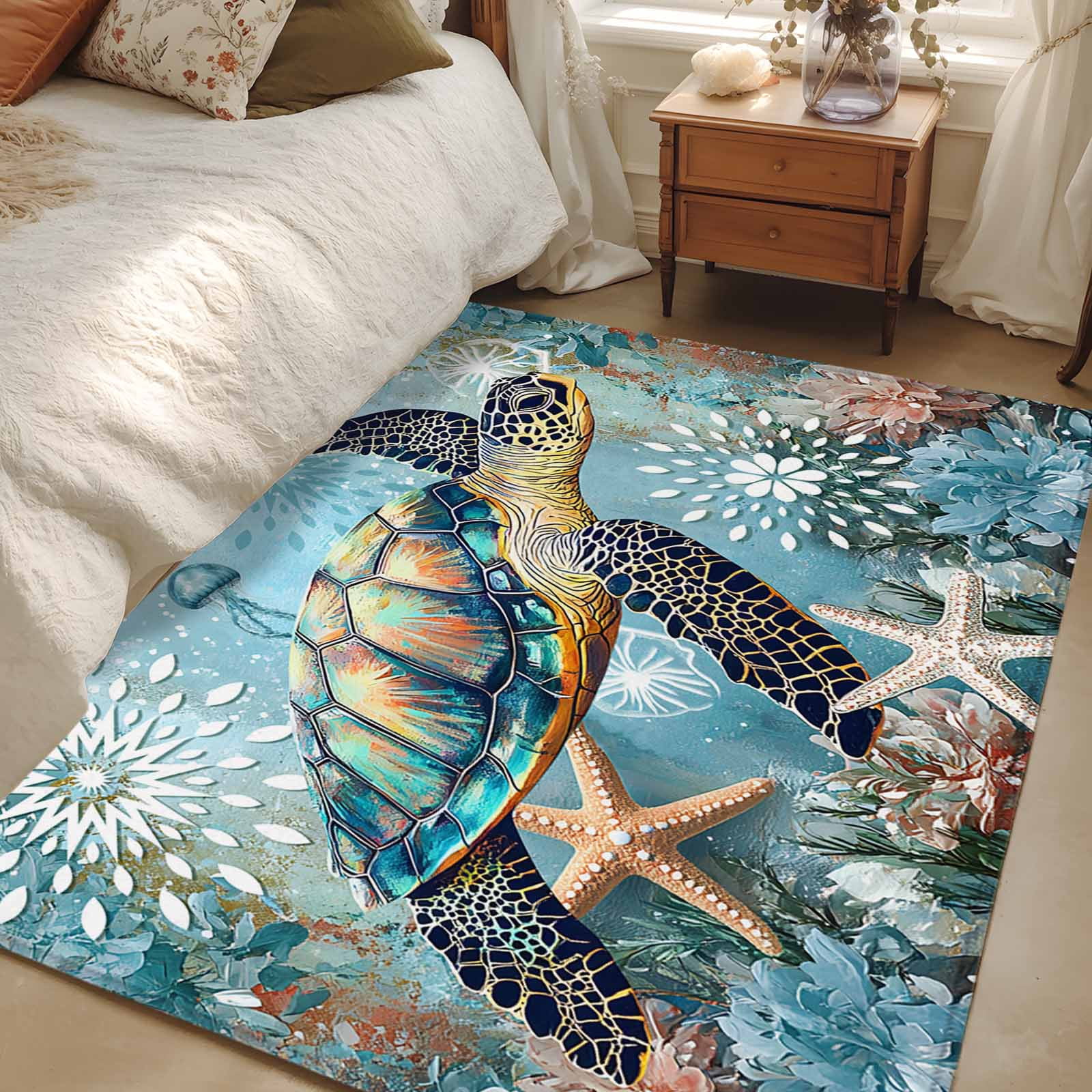 Area Rug 48×72in, Sea Turtle Starfish Blue Ocean Floor Carpet Living ...