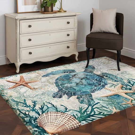 Area Rug 48×72in, Sea Turtle Starfish Shell Coral Floor Carpet Living ...