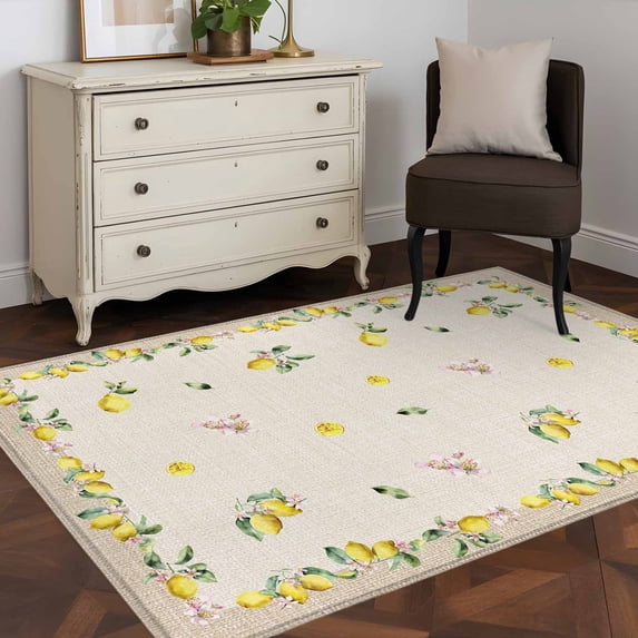 Area Rug 48×72in, Summer Lemon on Linen Burlap Floor Carpet Living Room ...