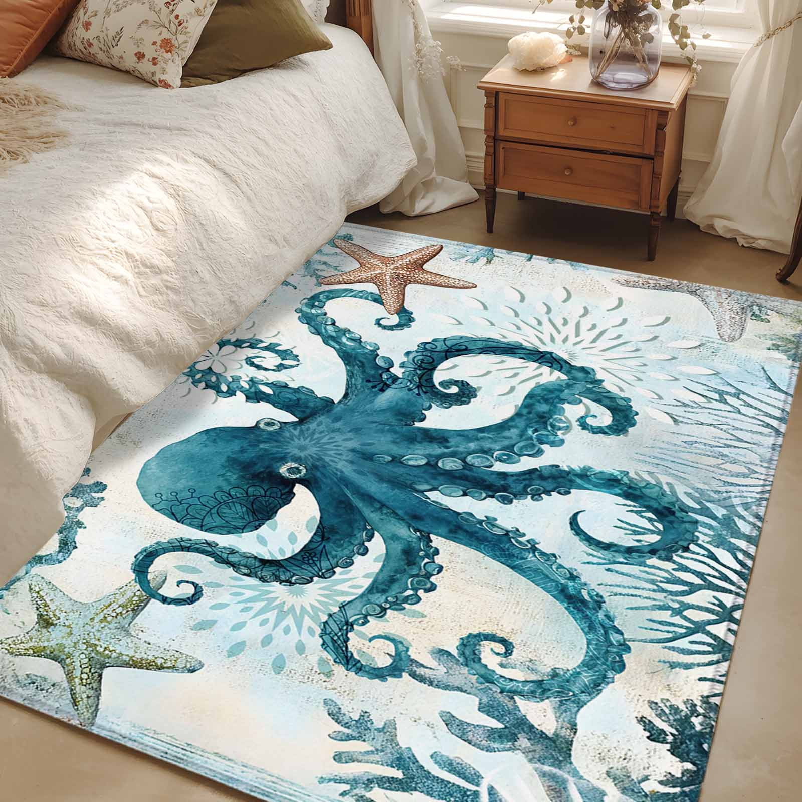 Area Rug 48×72in, Summer Ocean Blue Octopus Starfish Coral Floor Carpet ...