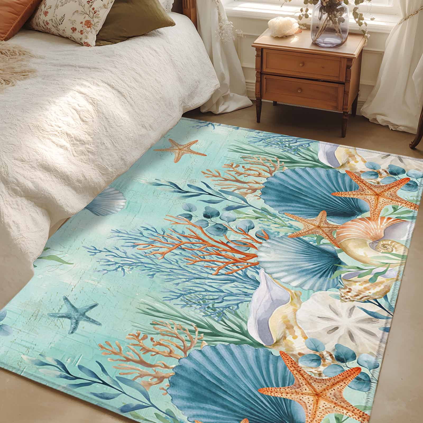 Area Rug 48×72in, Summer Ocean Starfish Shells Floor Carpet Living Room ...