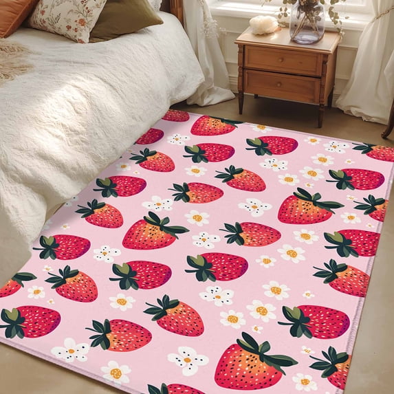Area Rug 48×72in, Summer Strawberry Flower on Pink Floor Carpet Living ...