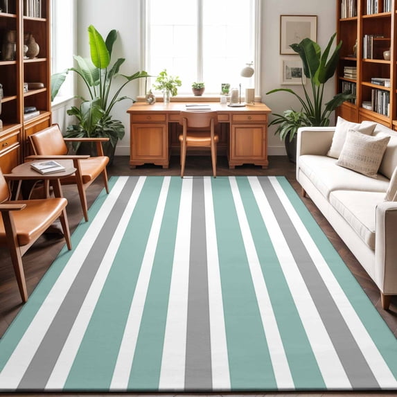 Area Rug 48×72in, Teal Grey White Stripes Floor Carpet Living Room Rug ...