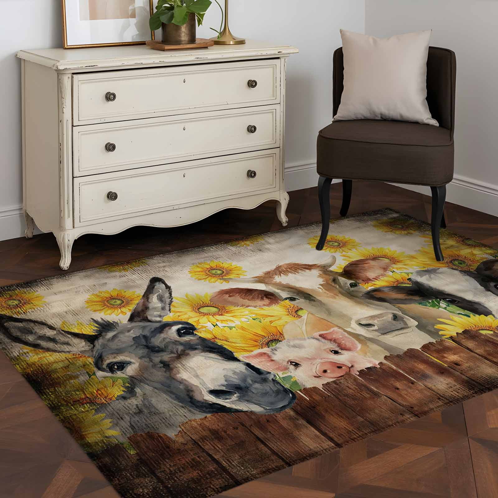 Area Rug 48×72in, Vintage Donkeys Pigs Cows Sunflower Floor Carpet ...