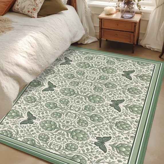 Area Rug 48×72in, Vintage Green Flower Butterfly Floor Carpet Living ...