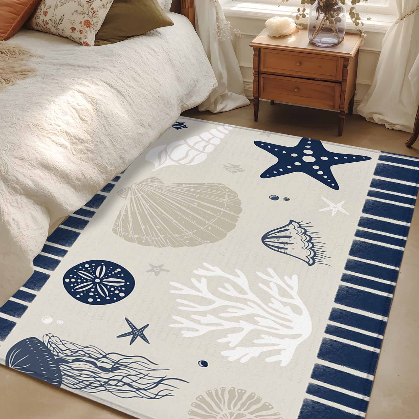 Area Rug 48×72in, Vintage Sea Shells Corals on Linen Floor Carpet ...
