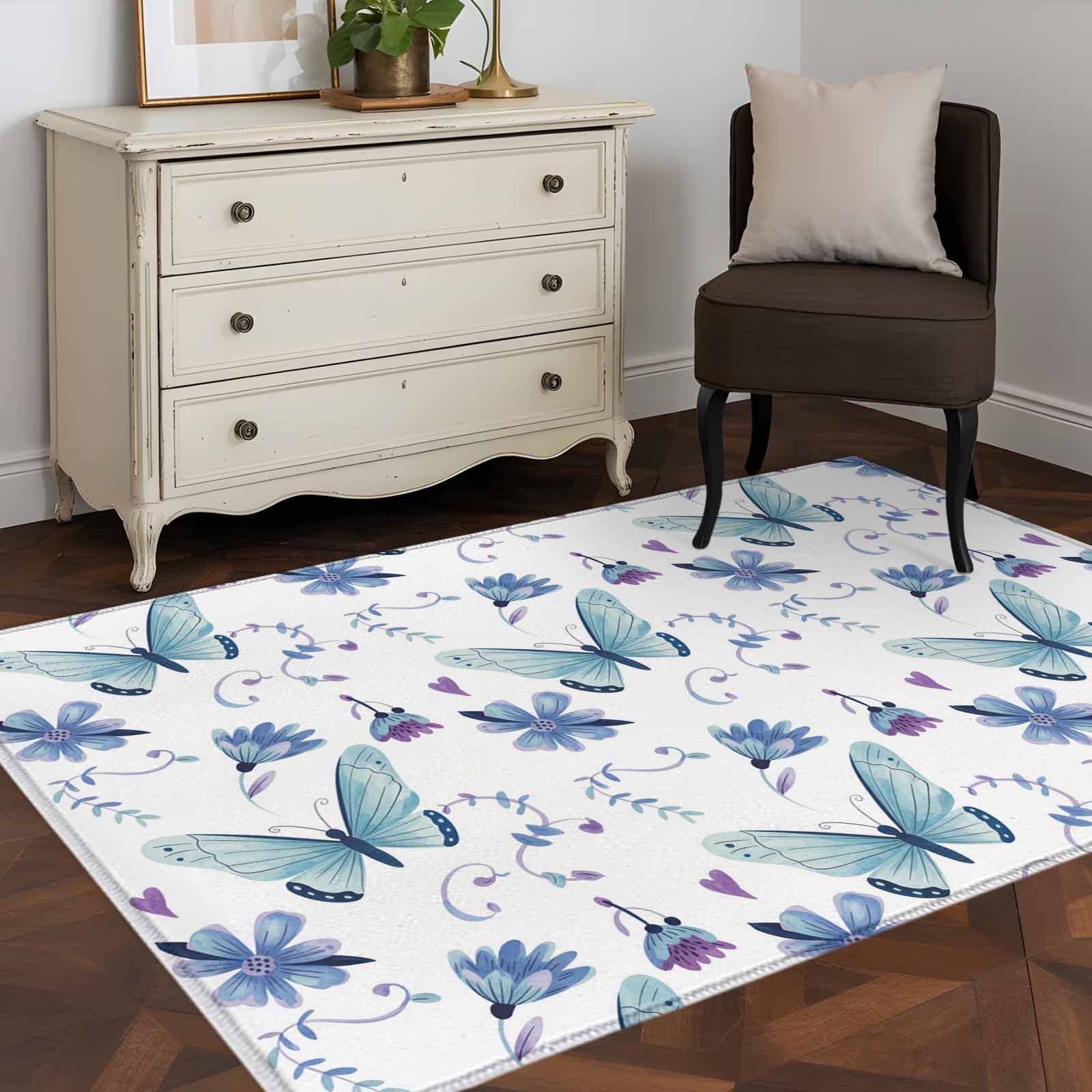 Area Rug 48×72in, Watercolor Blue Butterfly Flower Floor Carpet Living ...