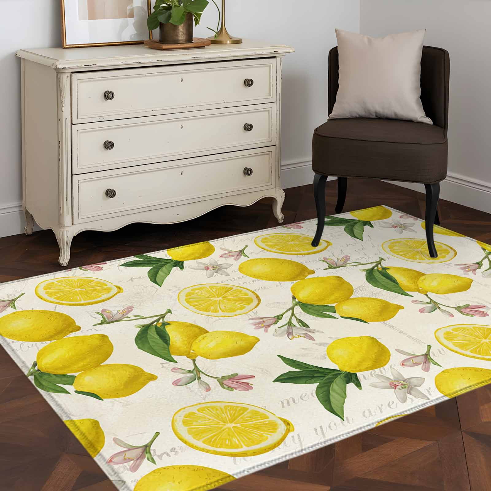 Area Rug 48×72in, Watercolor Lemon Flower Leaves Floor Carpet Living ...