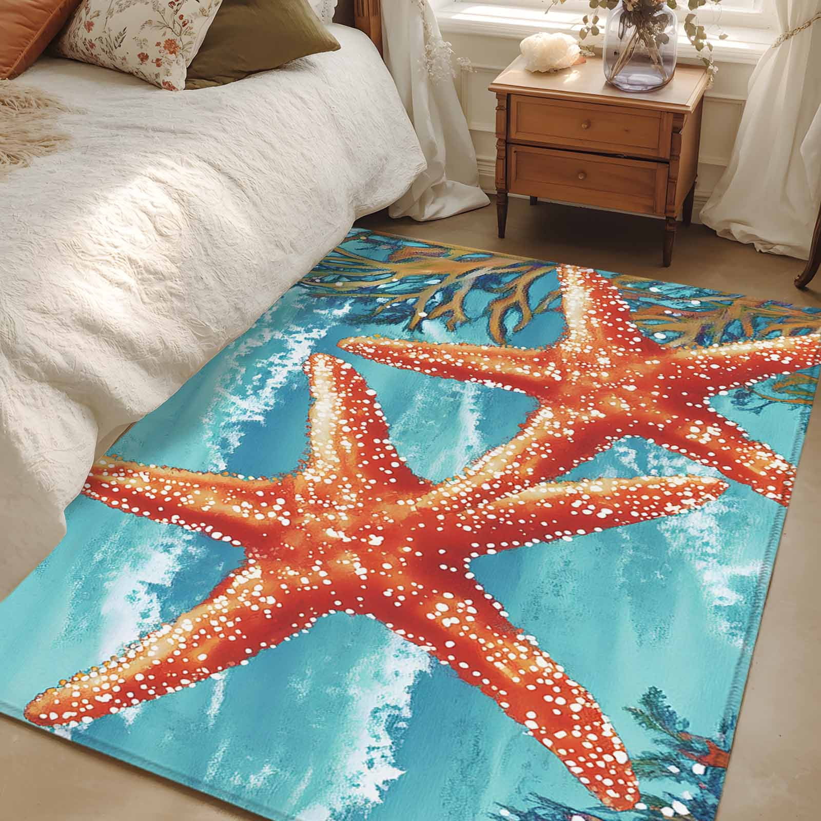 Area Rug 48×72in, Watercolor Ocean Starfish Coral Floor Carpet Living ...