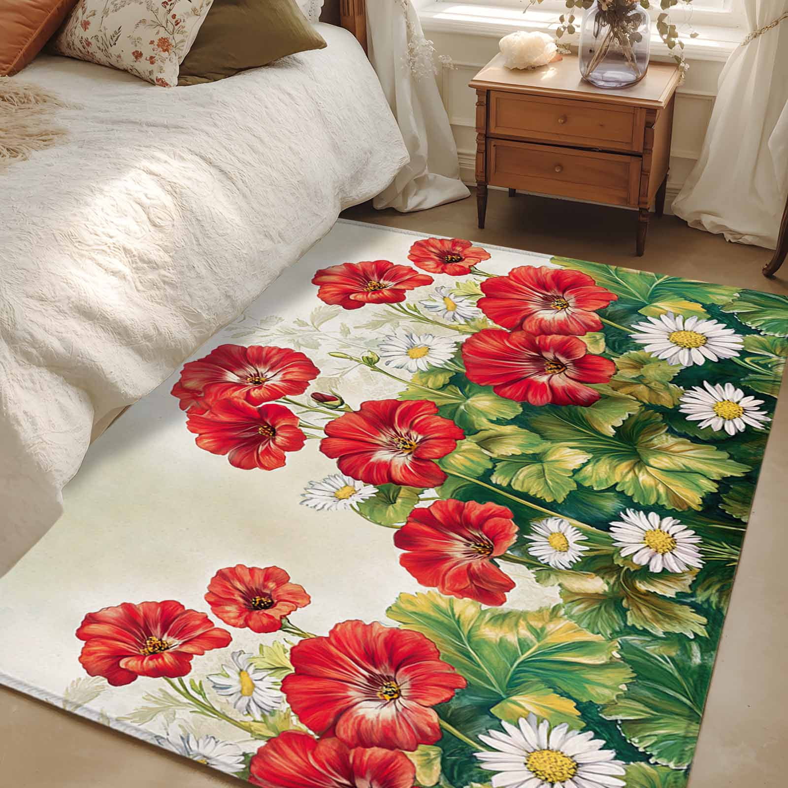 Area Rug 48×72in, Watercolor Red Flowers Floor Carpet Living Room Rug ...