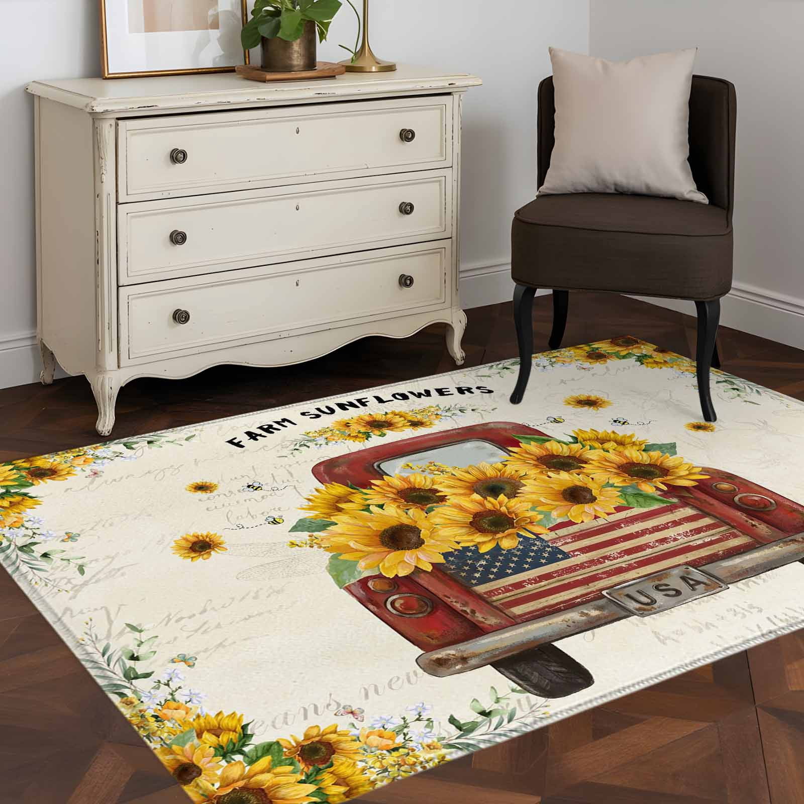 Area Rug 48×72in, Watercolor Sunflower Red Truck Floor Carpet Living ...