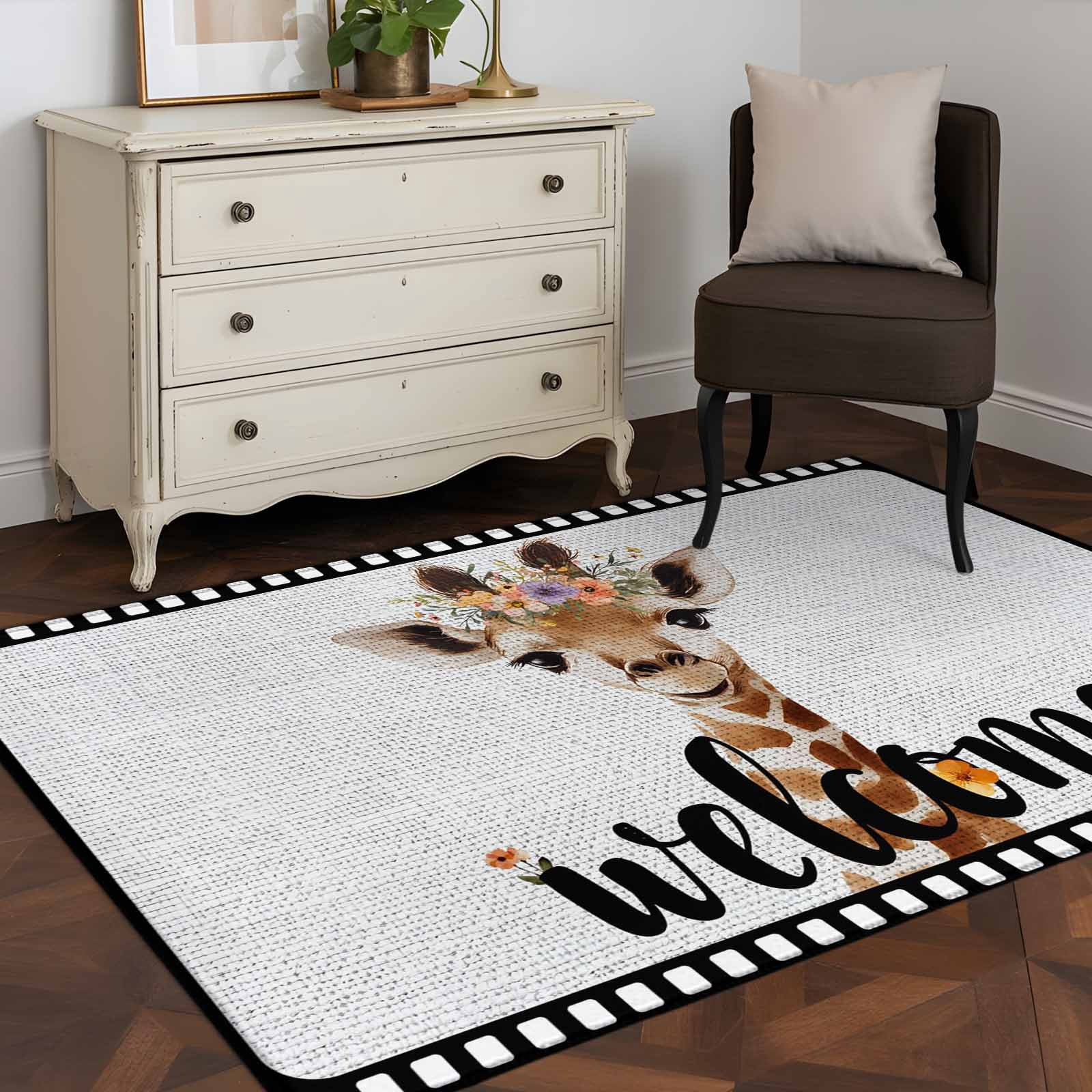 Area Rug 48×72in, Welcome Words Cute Giraffes Floor Carpet Living Room ...