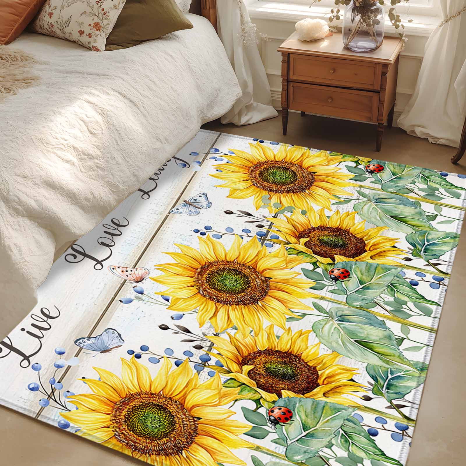 Area Rug 48×72in, Yellow Sunflower Butterfly Watercolor Leaves Floor ...