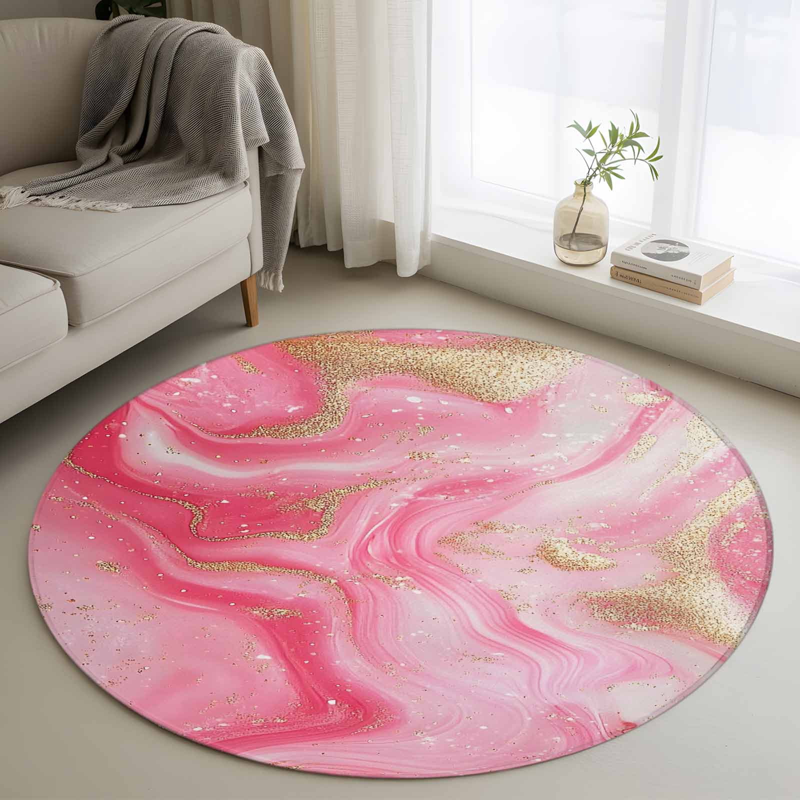 Area Rug 48in, Abstract Pink Marble Gold Stripe Floor Carpet Living ...