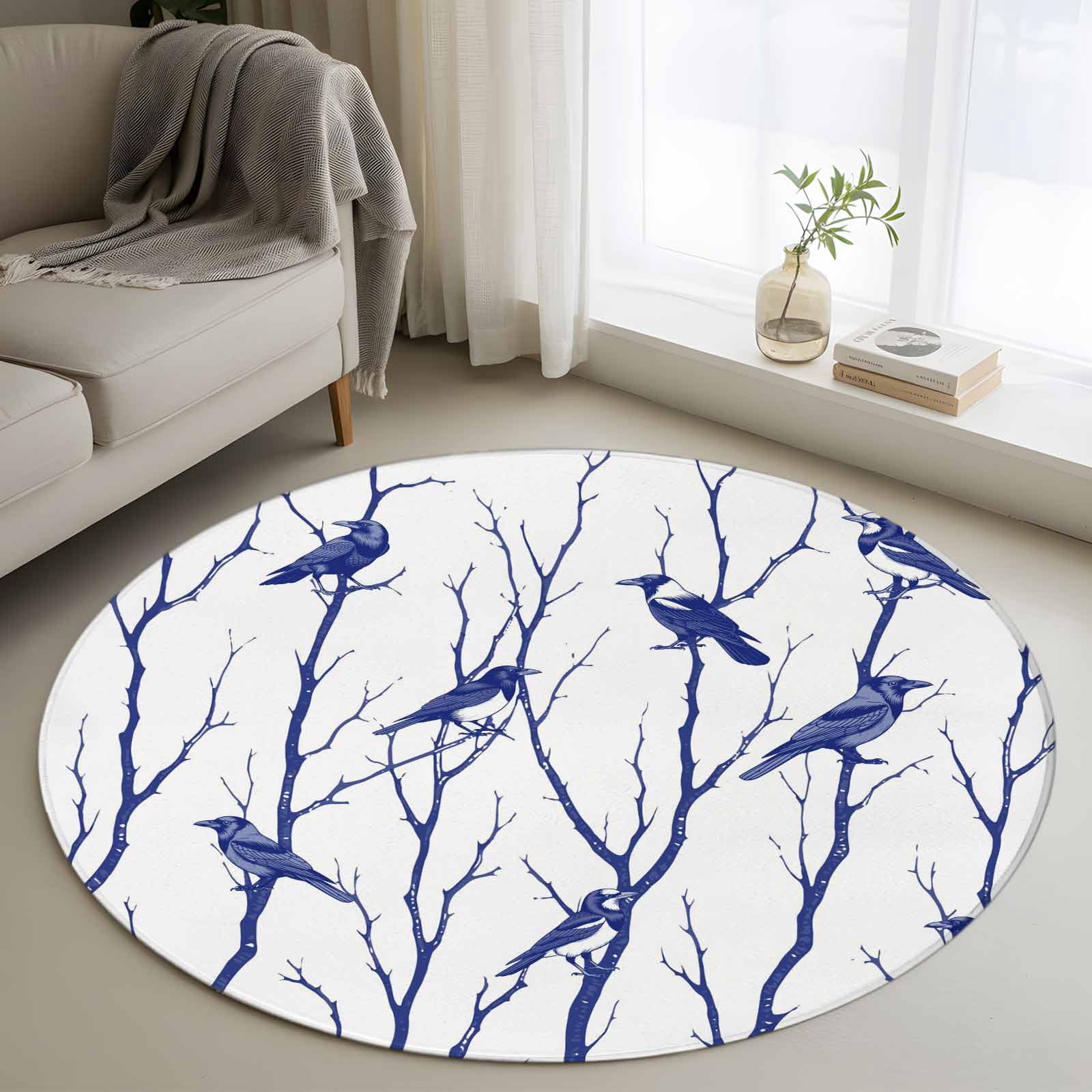 Area Rug 48in, Birds Silhouette on Rustic Branches Floor Carpet Living ...