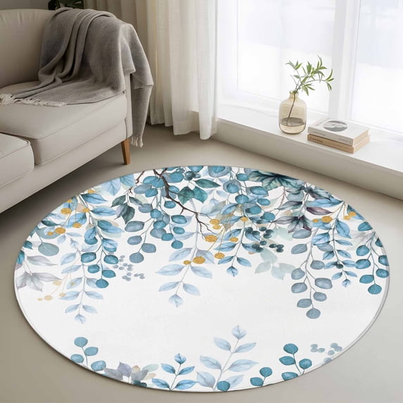 Area Rug 48in, Blue Eucalyptus Leaves Watercolor Floor Carpet Living ...