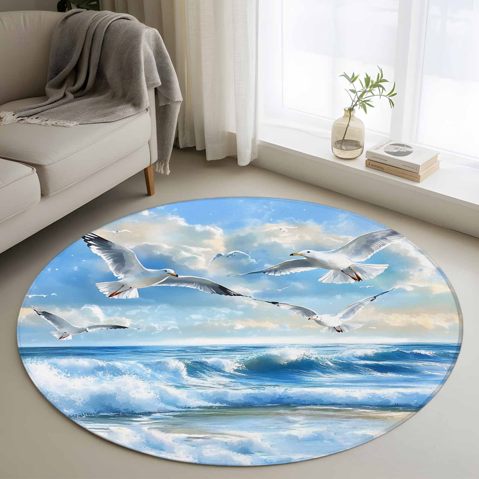 Area Rug 48in, Blue Ocean Egret Bird Floor Carpet Living Room Rug ...