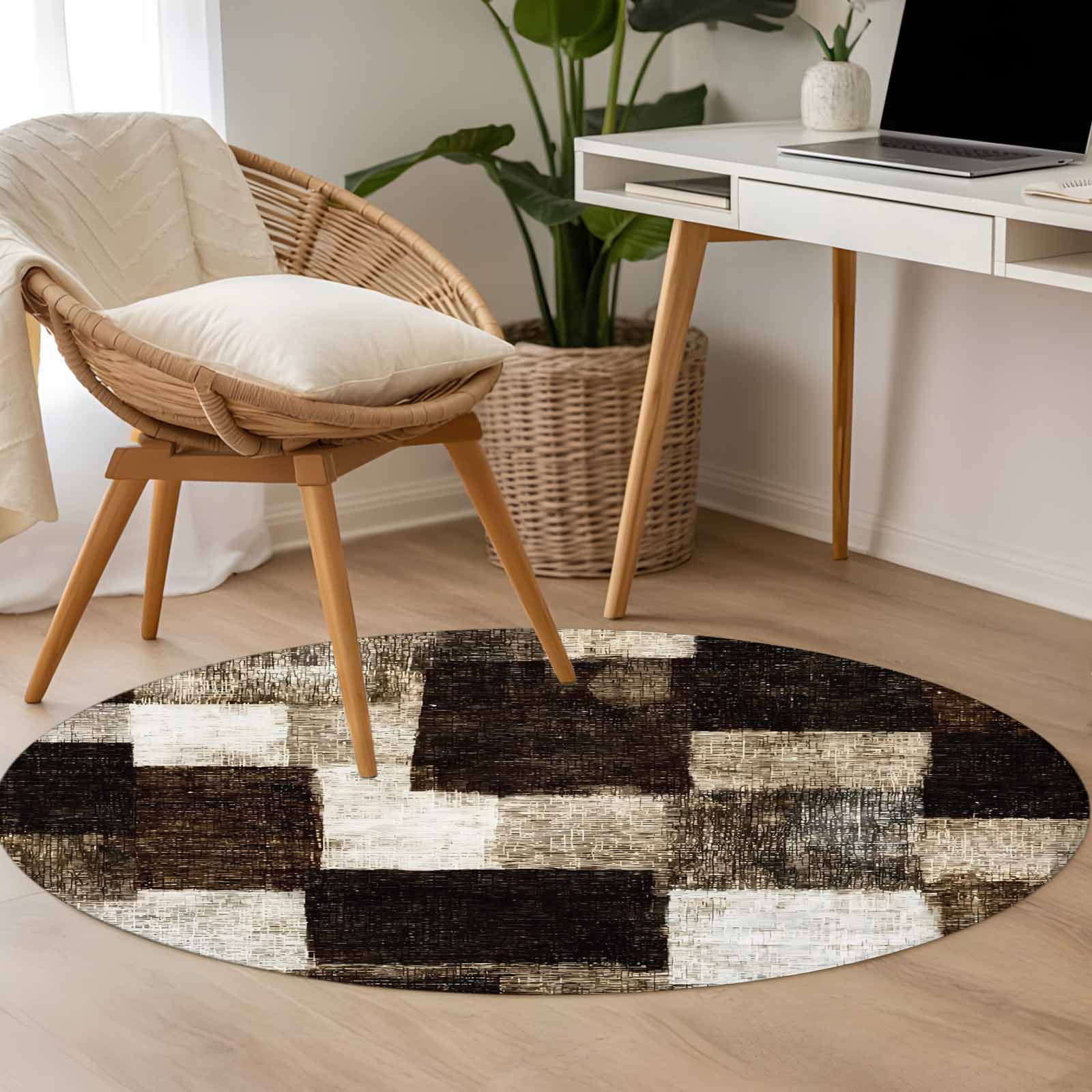 Area Rug 48in, Brown White Gradient Farm Floor Carpet Living Room Rug ...