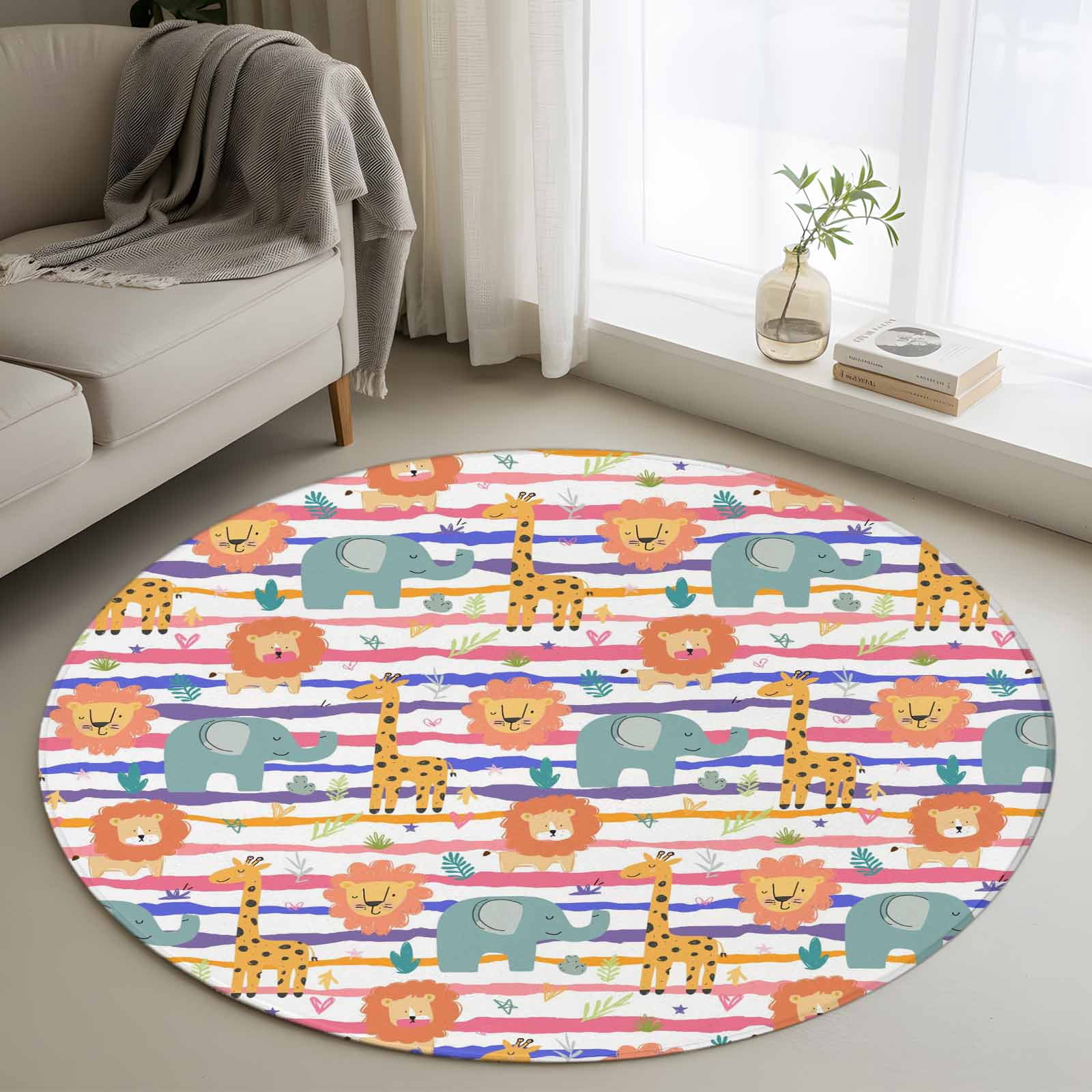 Area Rug 48in, Cartoons Animals Giraffes Elephant Floor Carpet Living ...