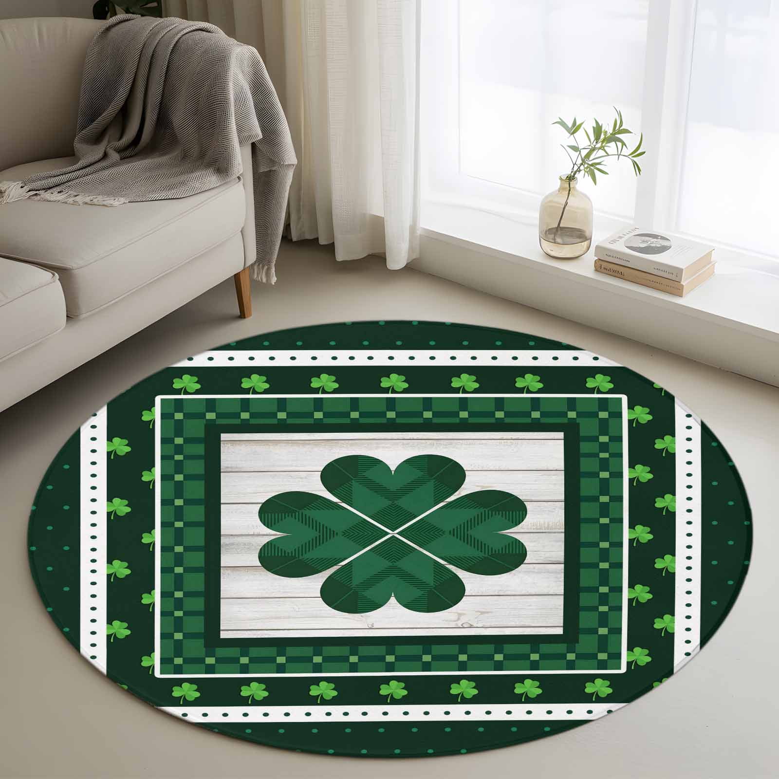 Area Rug 48in, Celtic Lucky Clovers Check with Dot Border Floor Carpet ...