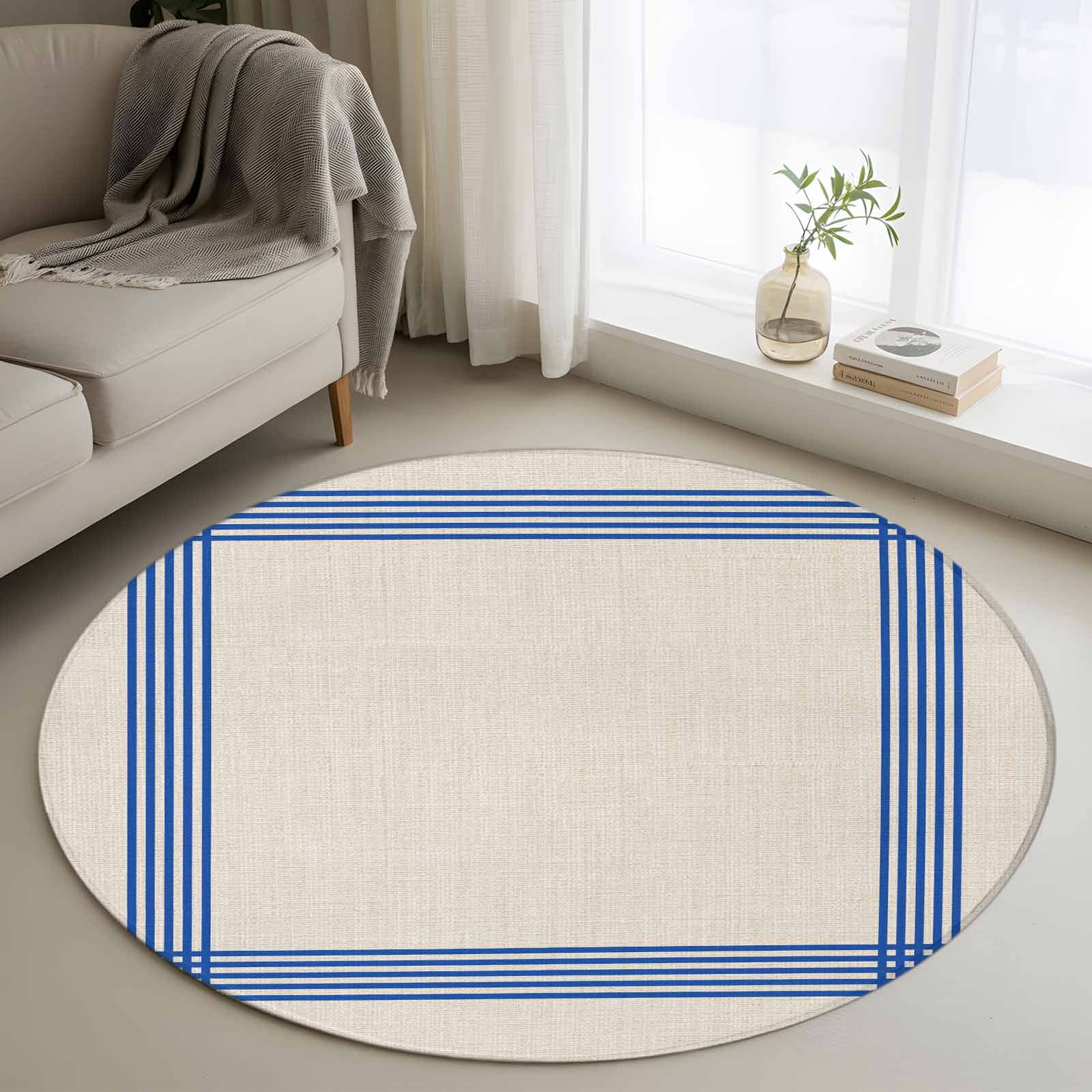 Area Rug 48in, Classic Blue Striped Floor Carpet Living Room Rug, Retro ...