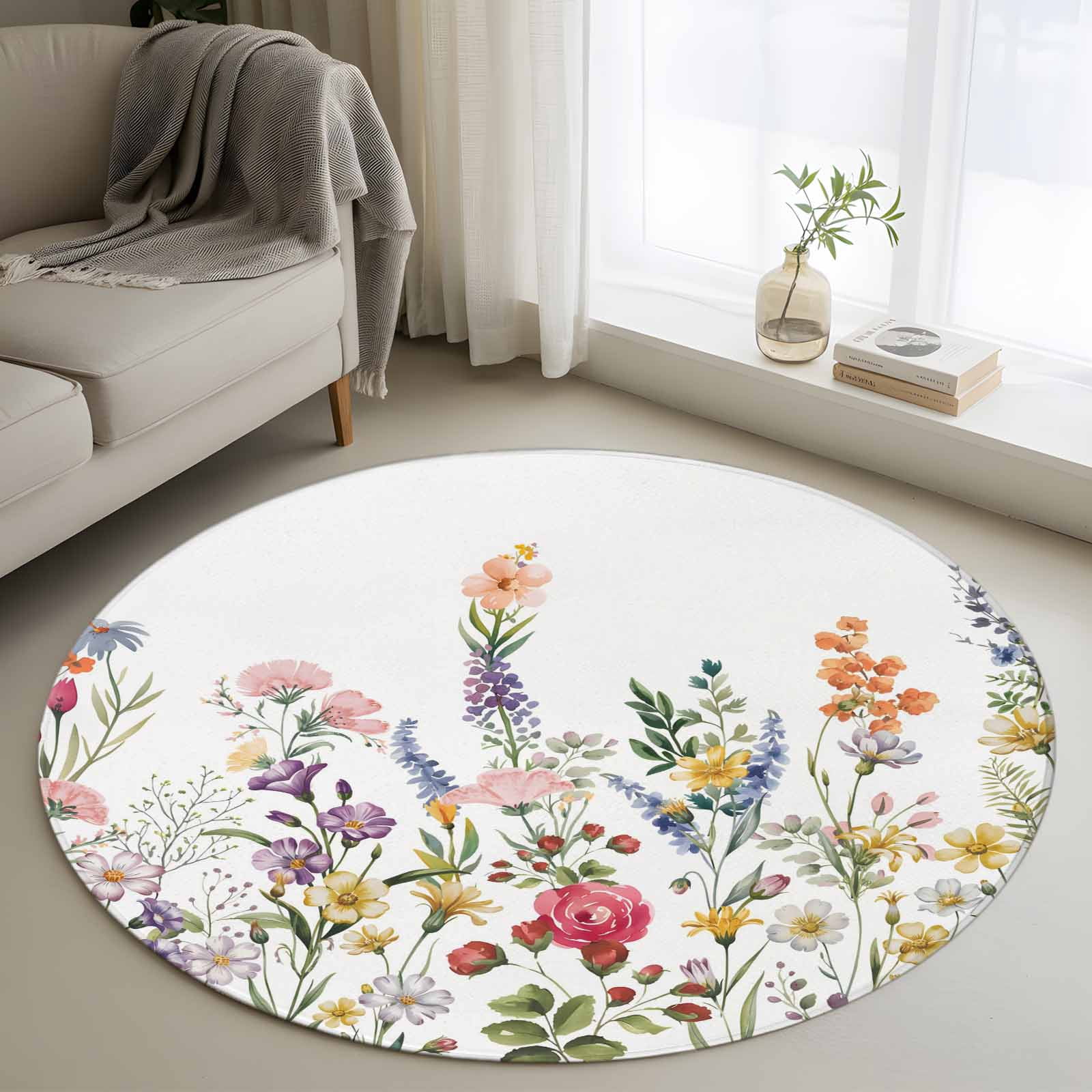 Area Rug 48in, Country Flower Leaves Plant Floor Carpet Living Room Rug ...
